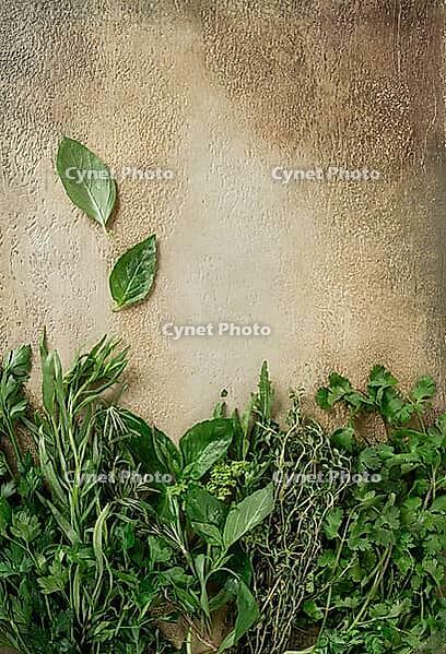 A variety of fresh herbs including bay leaves, cilantro, and thyme are ...
