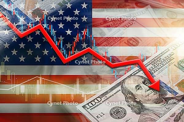 Concept of a falling US dollar. Dollar decline with the US flag and a ...